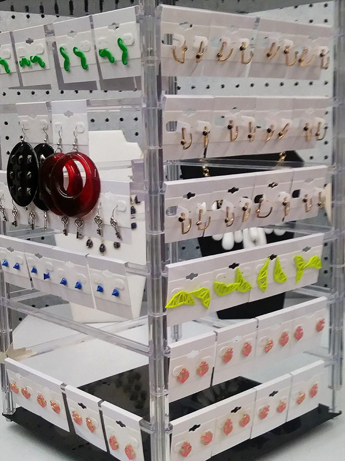 Jewelry displays transform mass-produced earrings into a rainbow of possibilities&mdash;affordable fashion finds amid the vintage treasures. 