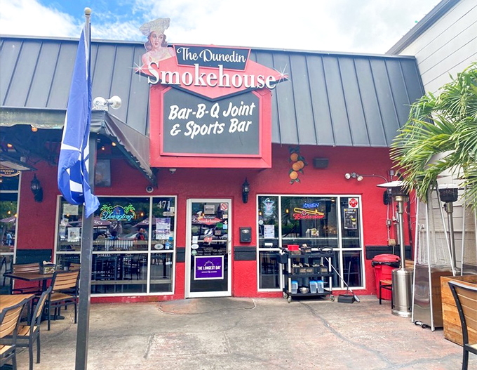 The Dunedin Smokehouse announces itself with classic BBQ joint confidence. That sign is basically saying, "Yes, we know what we're doing."