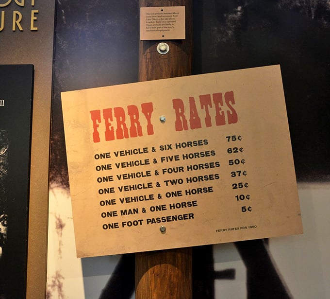 Transportation pricing from another era. This historical ferry rate card reminds us that river crossings once required horsepower of the four-legged variety.