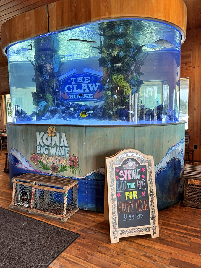 An impressive aquarium brings the ocean indoors. The irony of watching fish while eating seafood isn't lost on anyone.