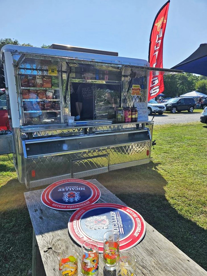 The silver food trailer gleams like a beacon of hope for hungry shoppers, promising the fuel needed for another round of treasure hunting.