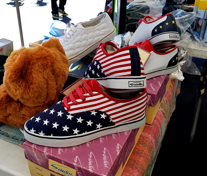Patriotic kicks with enough stars and stripes to make Uncle Sam jealous, sitting next to what appears to be a very concerned stuffed bear.