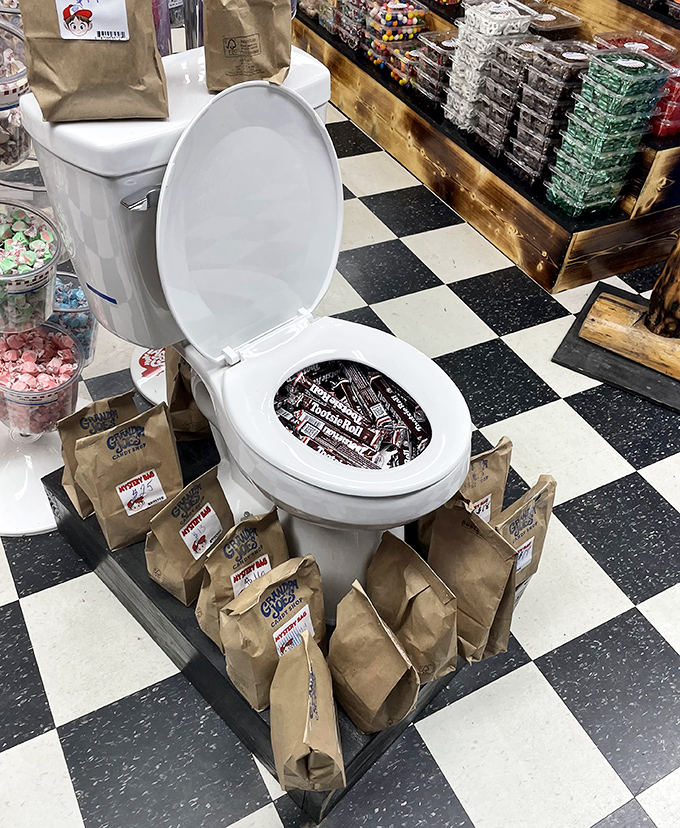 The most honest toilet in America – filled with what we're all really here for. Bathroom humor elevated to an art form.