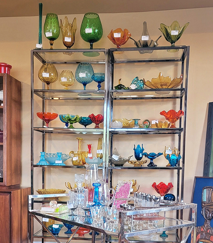 A rainbow of vintage glassware that transforms ordinary dinner parties into extraordinary gatherings. Grandma's punch bowl never looked this good.