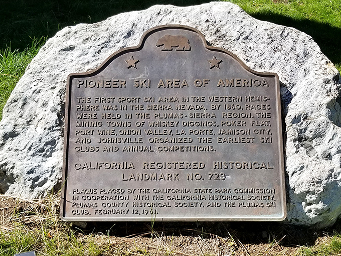 History set in stone. This plaque reveals Plumas-Eureka's surprising role as America's pioneer ski area long before Aspen was cool.