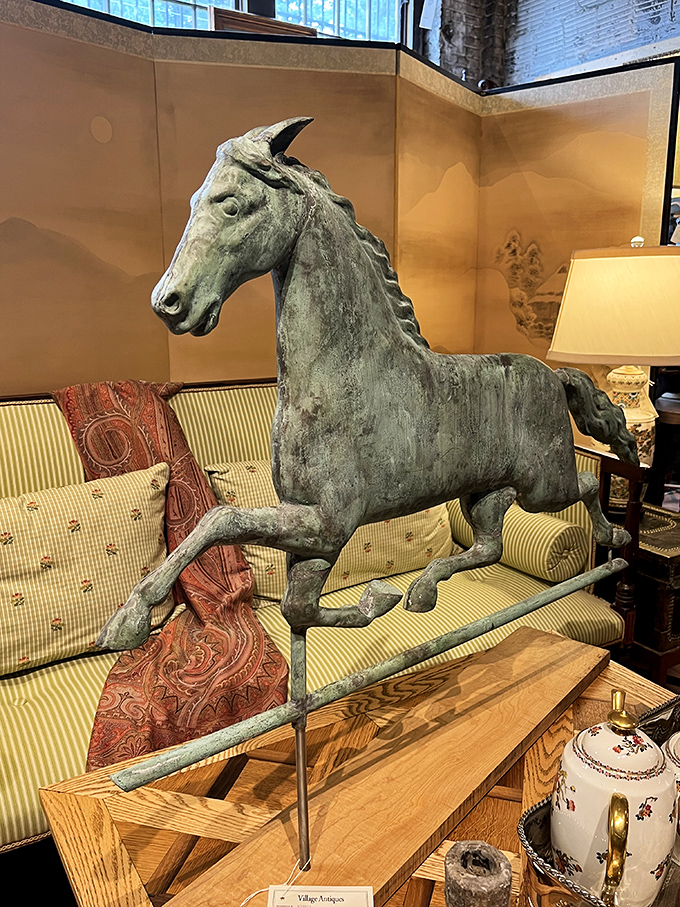This weathered copper horse weathervane gallops through time, bringing the spirit of the wild frontier into your carefully curated living room.