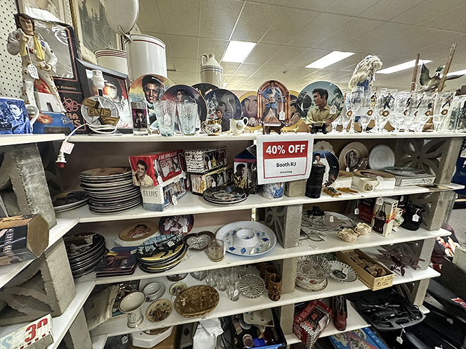 Elvis plates, commemorative glassware, and collectibles that once graced Wisconsin china cabinets. The celebrity memorabilia section is always a crowd-pleaser.