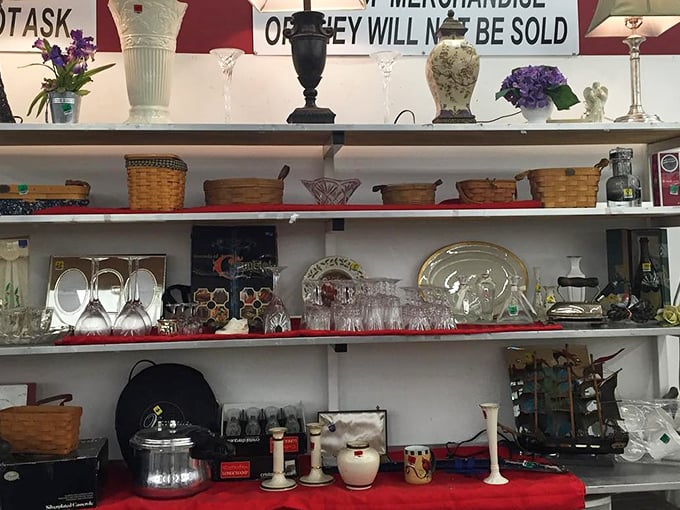 The housewares section tells stories through objects. Those Longaberger baskets and crystal vases once graced someone's carefully decorated home.
