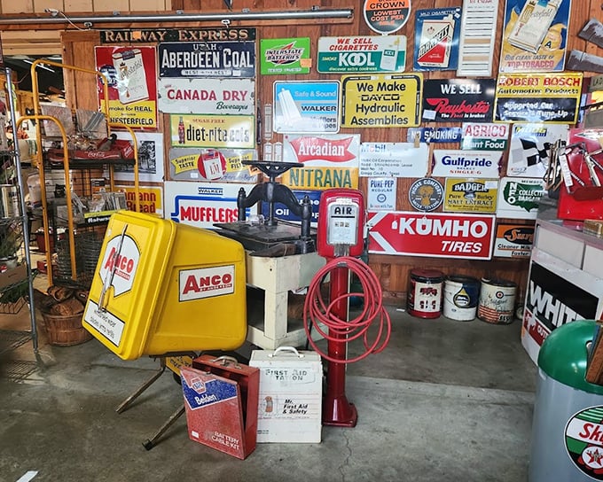 The automotive corner—where gas station memorabilia fuels nostalgia for the open road. Remember when service stations had actual service?