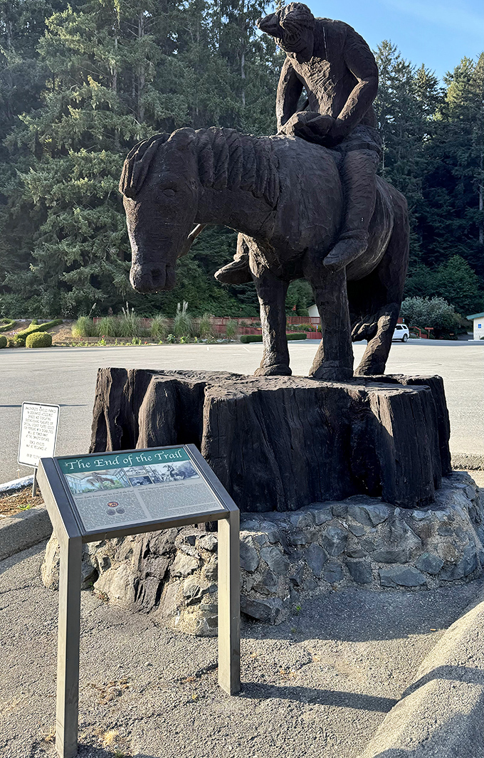 This wooden horseman statue marks "The End of the Trail" &ndash; both literally and metaphorically for tired hikers with cranky children.