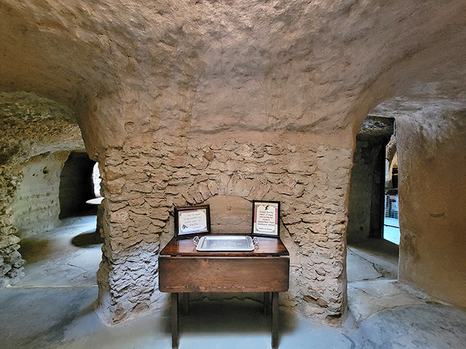 A simple wooden desk stands sentinel in a chamber where three pathways converge. Information awaits curious minds in this underground crossroads.
