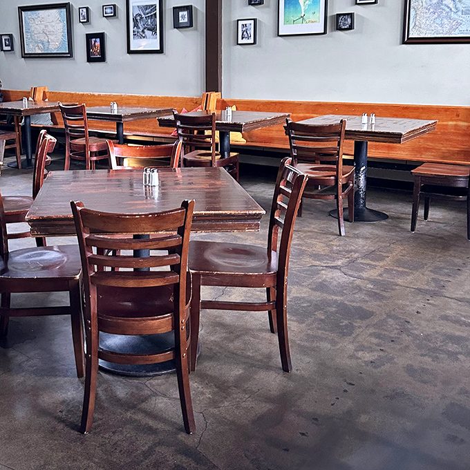 Simple wooden chairs and tables that invite you to settle in, get comfortable, and order "just one more" of everything.