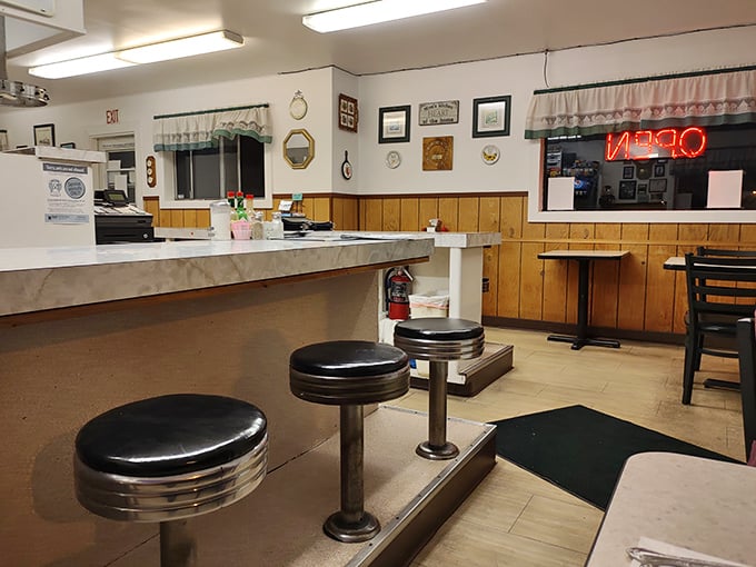 Another angle of diner perfection&mdash;where every stool has witnessed countless cups of coffee and life stories shared over eggs.