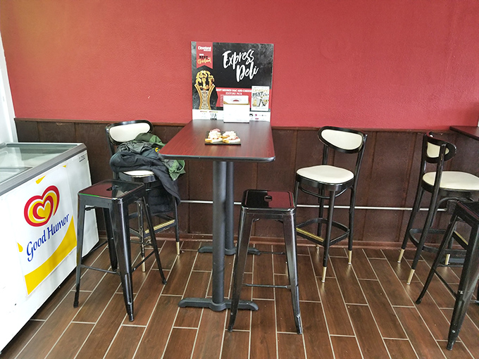 High-top tables invite quick, focused dining. This isn't a place for lingering&mdash;it's for serious sandwich business with occasional moments of bliss.