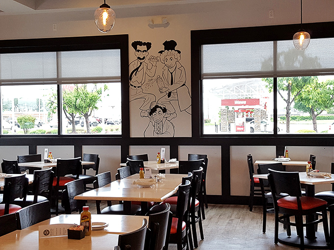 Clean lines, comfortable seating, and those playful wall illustrations&mdash;the perfect stage for the serious business of sandwich consumption.