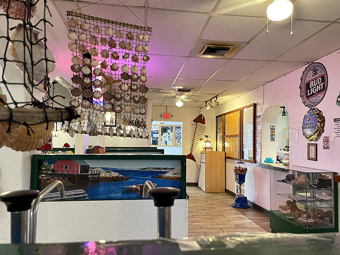 Shell decorations hanging like oceanic chandeliers—because when you're serving seafood in the desert, you bring the ocean to you.