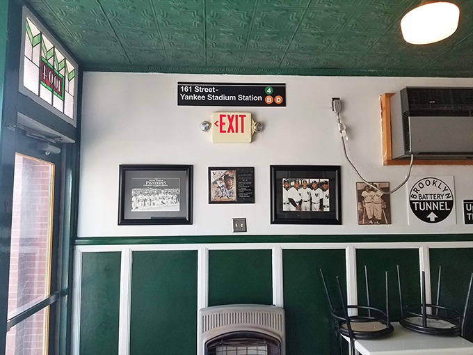 The New York subway sign above baseball memorabilia tells you everything about this place's influences without saying a word.