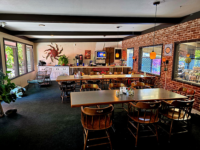 Exposed brick, wooden chairs, and enough space between tables to keep your fish tales private from neighboring diners.