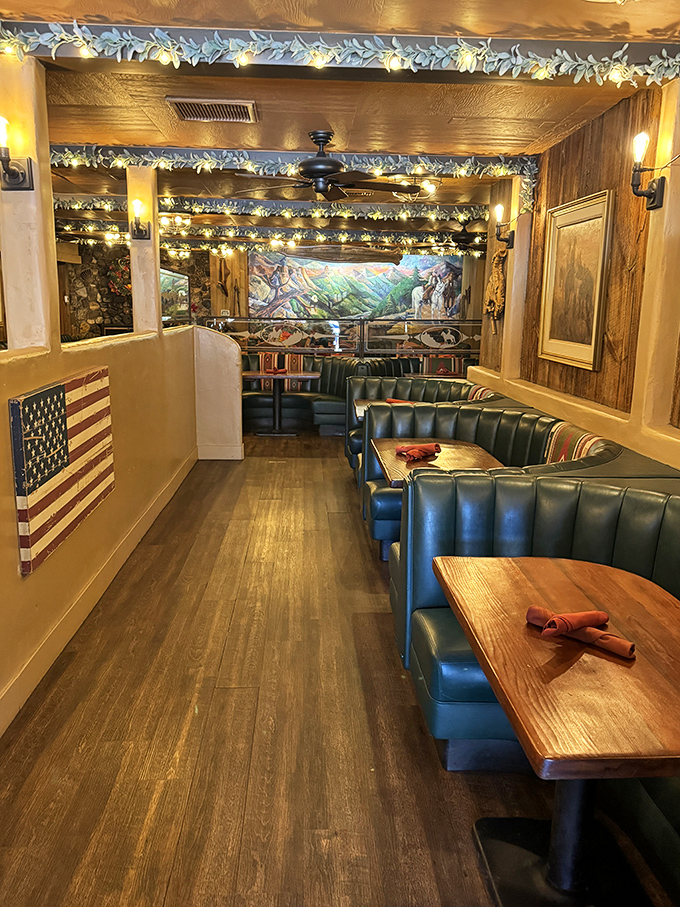 Booth seating that invites you to stay awhile, with twinkling lights overhead that make every dinner feel like a special occasion.