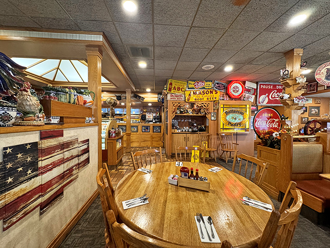 Every inch of wall space tells a story, from vintage signs to Americana collectibles. It's like dining inside a particularly delicious time capsule.