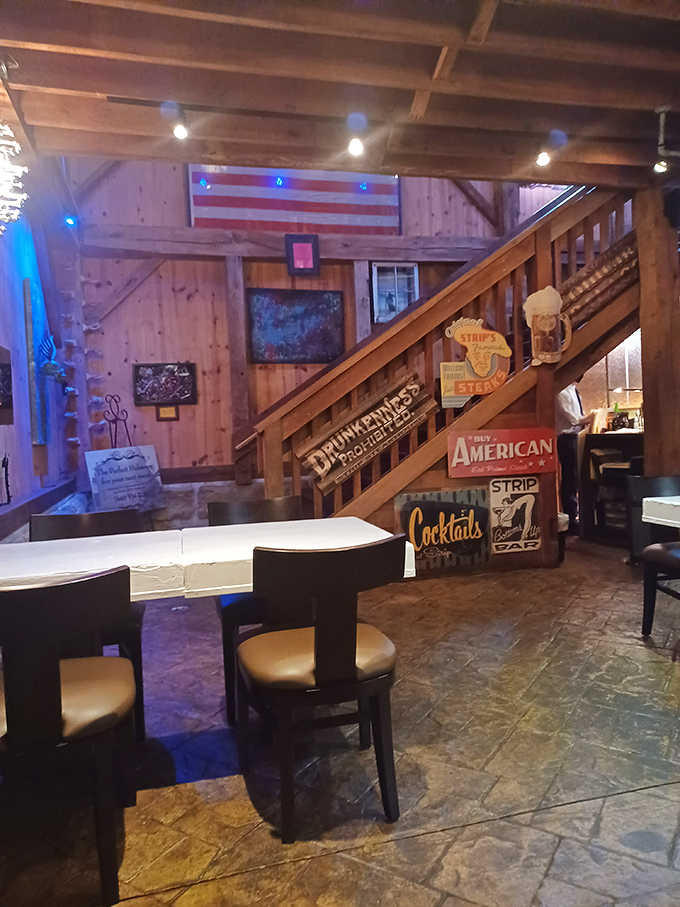 Rustic-chic at its finest. The staircase doesn't just lead upstairs&mdash;it's a wooden runway showcasing Strip's playful personality.