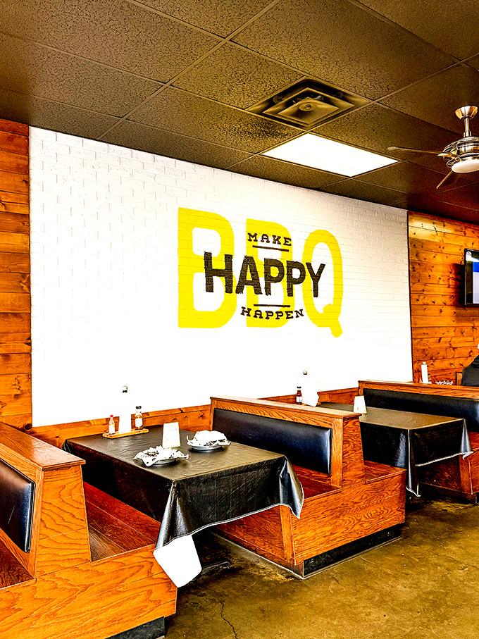 "Make Happy Happen" isn't just wall art&mdash;it's the restaurant's mission statement delivered through smoke, sauce, and seriously good barbecue.