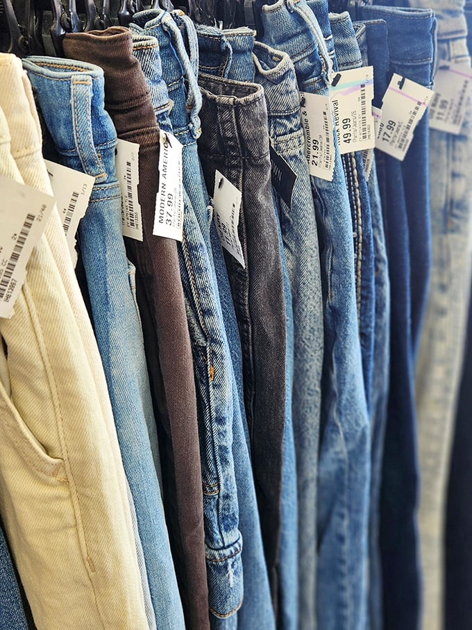 The denim rainbow—from light wash weekend wear to dark indigo "these could pass for brand new" jeans.