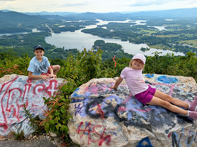 Childhood memories in the making. These young explorers have discovered the perfect perch for contemplating just how small homework seems from 3,424 feet up.