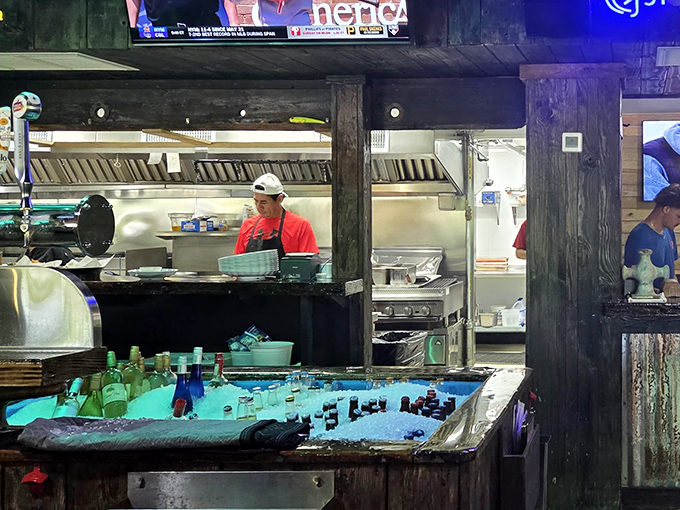 Where the magic happens: a glimpse into the kitchen reveals the organized chaos that produces plate after plate of Florida's finest catches.