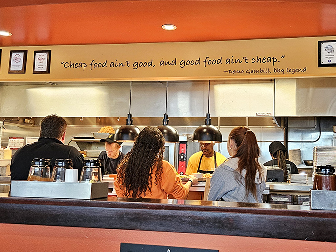 "Cheap food ain't good, and good food ain't cheap" &ndash; words to live by from a BBQ legend watching over the kitchen operations.