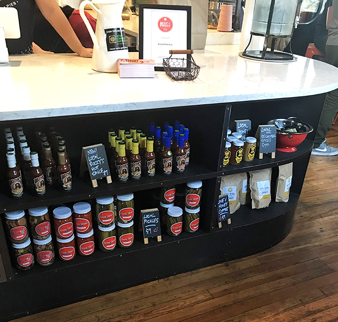 Local products line the shelves, turning your chicken dinner into a mini shopping adventure for regional specialties.