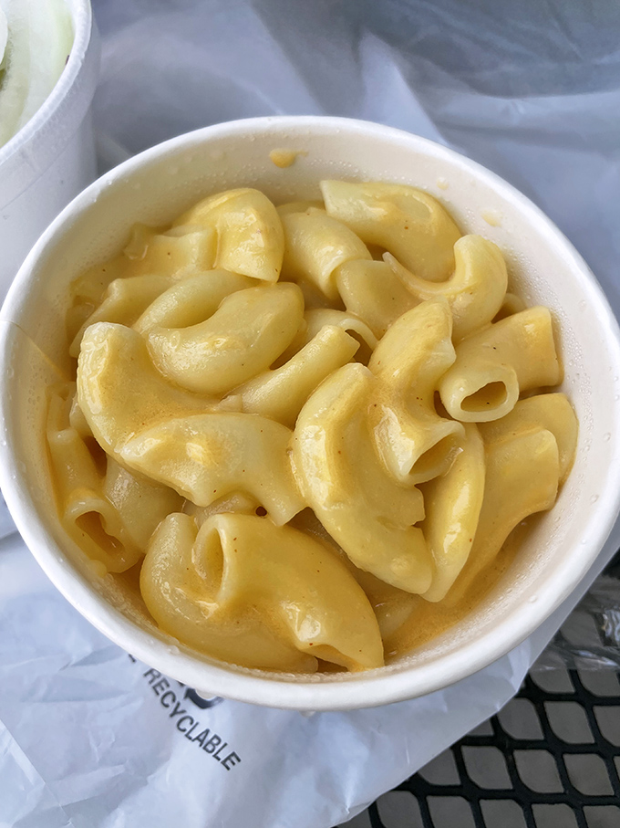 Mac and cheese that's achieved the perfect consistency&mdash;neither soup nor brick, but creamy, cheesy perfection. Comfort food that complements the smokehouse stars.