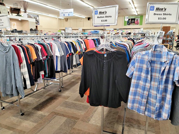 The men's section&mdash;where button-downs and polos get their second act. Dad jokes not included, but strongly implied in that Hawaiian shirt.