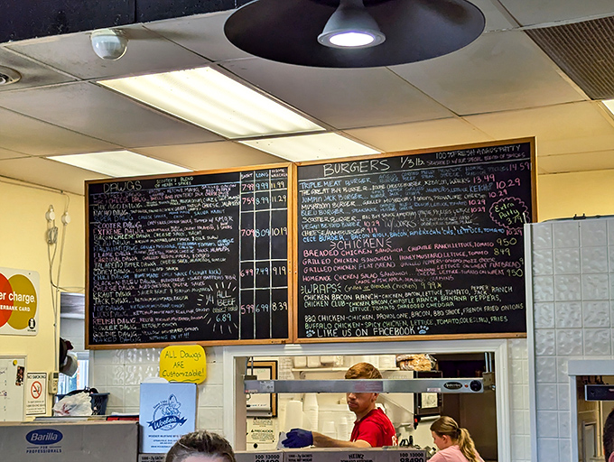 The chalkboard menu tells a story of culinary creativity where hot dogs and burgers are the main characters in a delicious Ohio narrative.