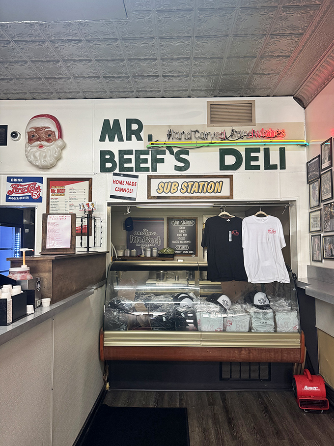 The merch counter proves Mr. Beef isn't just a restaurant&mdash;it's a lifestyle, complete with t-shirts to proclaim your allegiance.