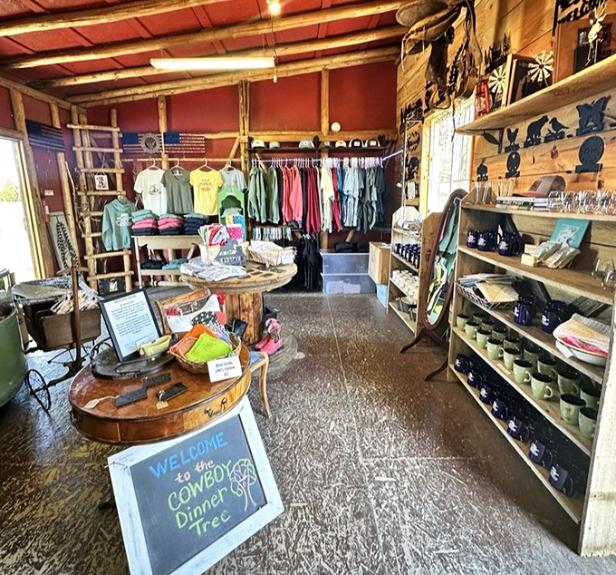 The gift shop: where you can buy proof that you survived the Cowboy Dinner Tree experience. T-shirt sizes run from "Before Dinner" to "After Dinner."