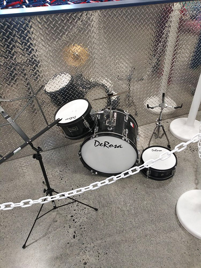 Who knew thrifting could be so instrumental? This drum set waits for its next musician, probably at one-fifth the cost of new.