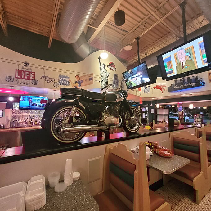 That motorcycle isn't just decoration&mdash;it's inspiration to hit the open road after you've hit the open-faced sandwiches. American icons celebrating American appetites.