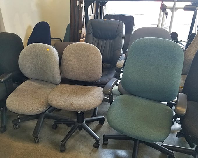 The office chair collection looks like a corporate meeting that's been frozen in time. Each one has supported countless workdays and daydreams.