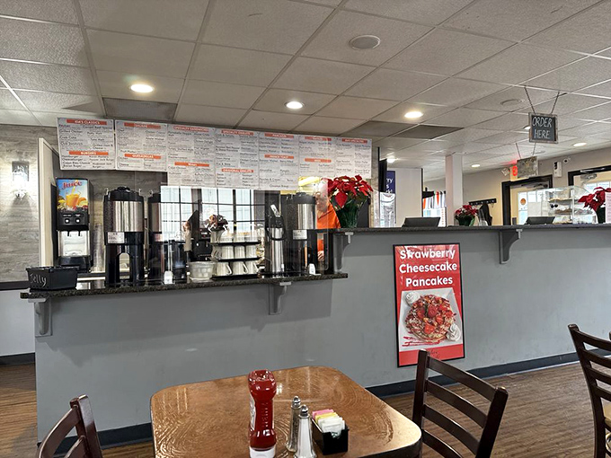 The coffee station stands ready for the morning rush &ndash; caffeination central for Lancaster's breakfast enthusiasts.