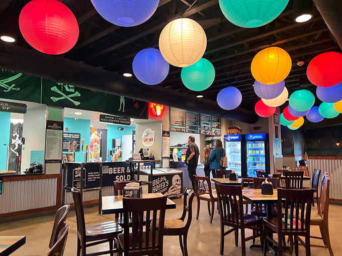The counter where BBQ dreams come true, complete with colorful lanterns overhead and the promise of smoky delights to come.