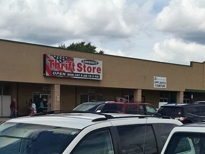 The parking lot view shows a steady stream of treasure hunters. Each car represents someone hoping to find that perfect something for next-to-nothing.