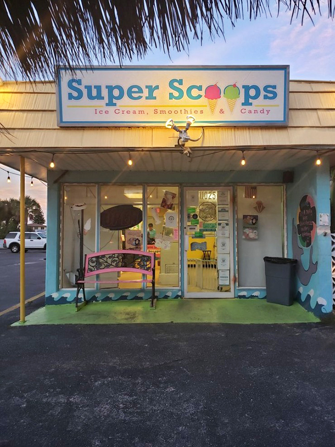 The beachy blue sign and string lights create the perfect Florida evening vibe for enjoying a cone as the Gulf breeze carries away your diet plans.