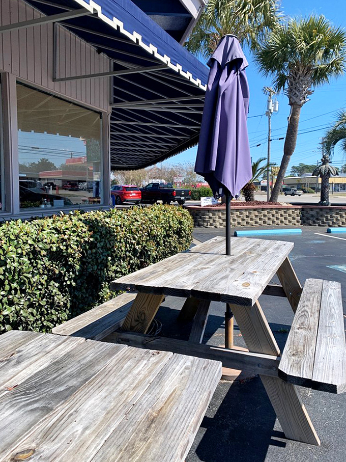 When the weather's right, these picnic tables become the hottest breakfast real estate in town. Ocean breezes with your coffee.