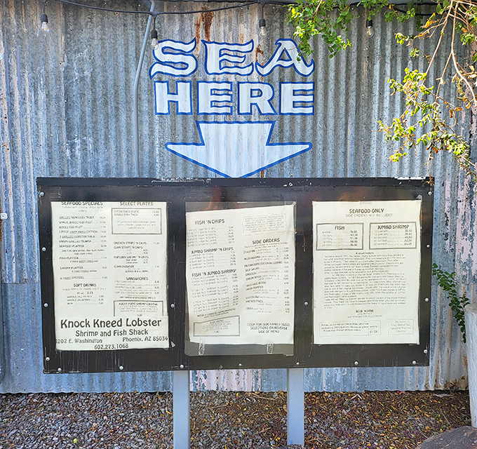 "SEA HERE" indeed. The outdoor menu board makes a promise that the kitchen keeps&mdash;ocean-worthy fare in the heart of the desert.