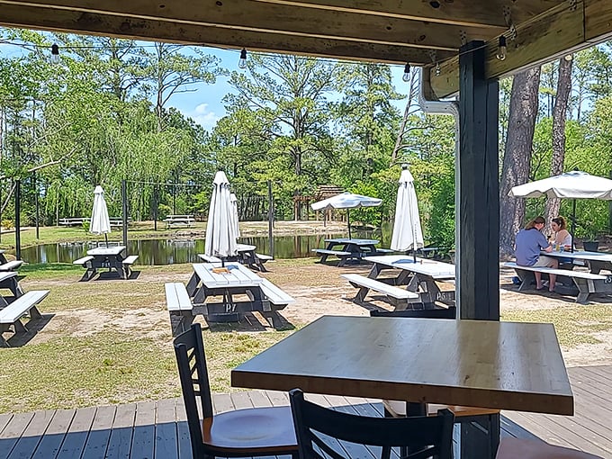 The outdoor patio offers dining al fresco, where the trees provide shade and the atmosphere provides everything else.
