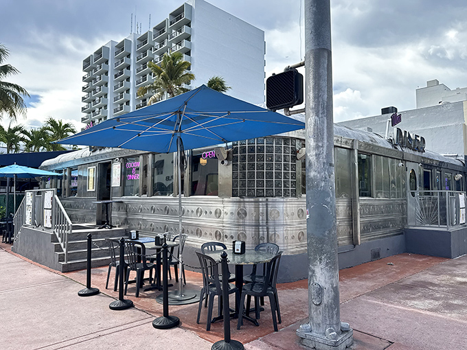Miami's perfect marriage: diner chrome meets tropical sunshine. Even the building looks like it's wearing a silver suit for a day at the beach.