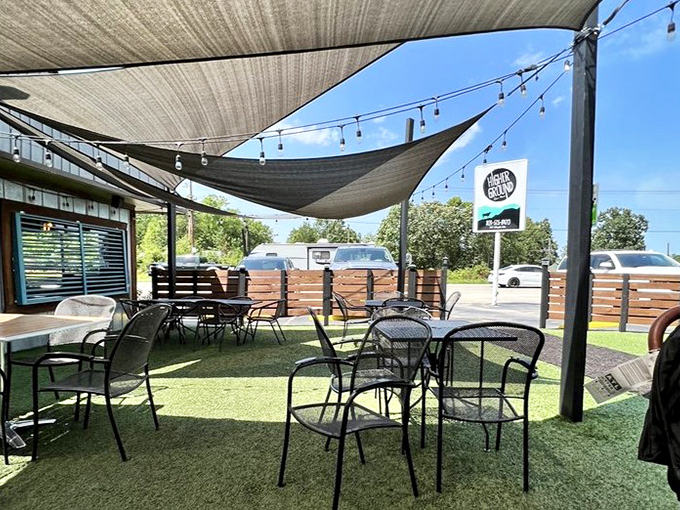 Outdoor dining that doesn't feel like an afterthought. String lights overhead promise this space is just as magical at sunset as it is during lunch.