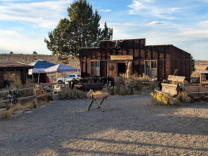 The restaurant's weathered exterior blends perfectly into the landscape, like it sprouted naturally from Oregon's high desert soil.
