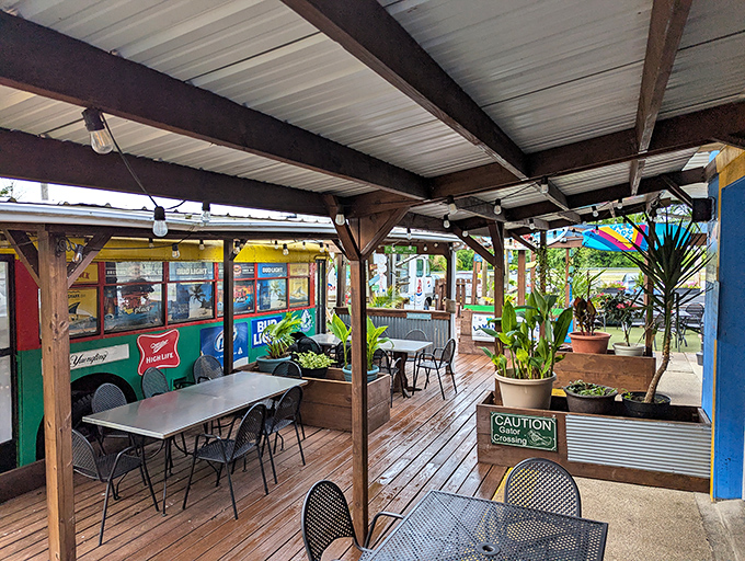 The outdoor patio doesn't just offer fresh air&mdash;it offers a tropical escape in the middle of the Midwest. That bus isn't going anywhere, but your taste buds will. 